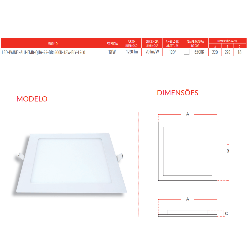 Painel POP Quadrado 22cm 18W LED Embutir 6500K Bivolt Avant